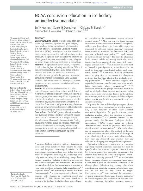(PDF) NCAA concussion education in ice hockey: an ineffective mandate