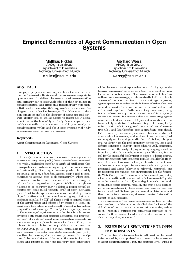 Pdf Empirical Semantics Of Agent Communication In Open Systems