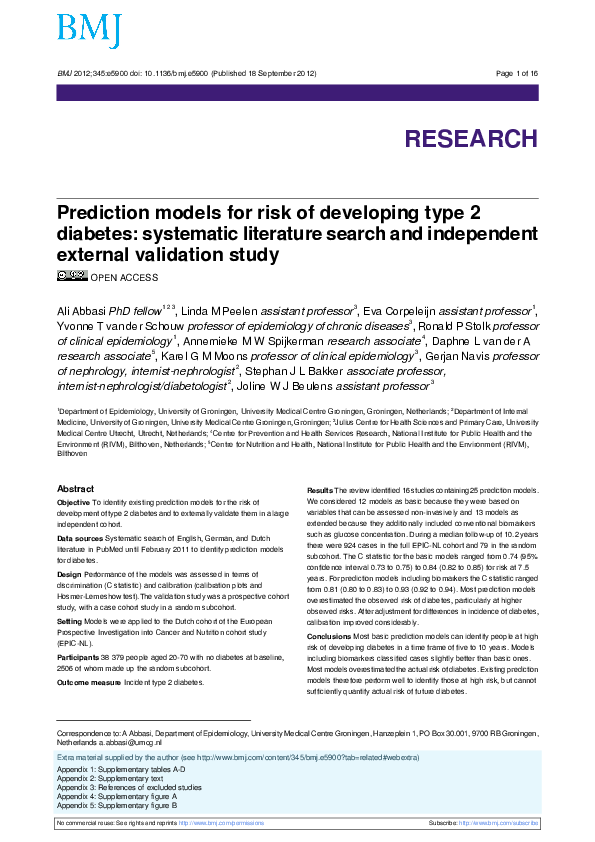 (PDF) Prediction models for risk of developing type 2 diabetes ...