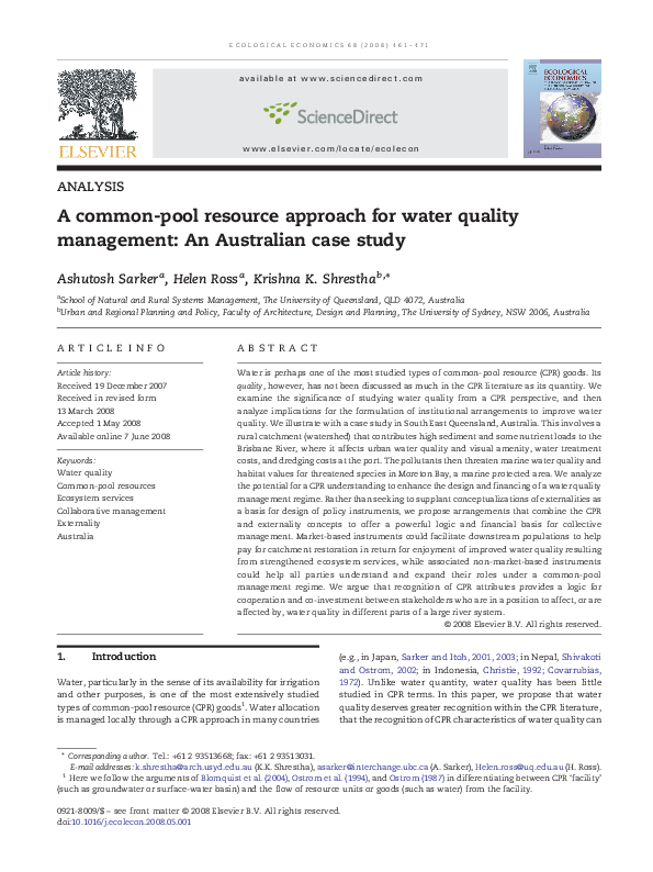 (PDF) A common-pool resource approach for water quality management: An ...