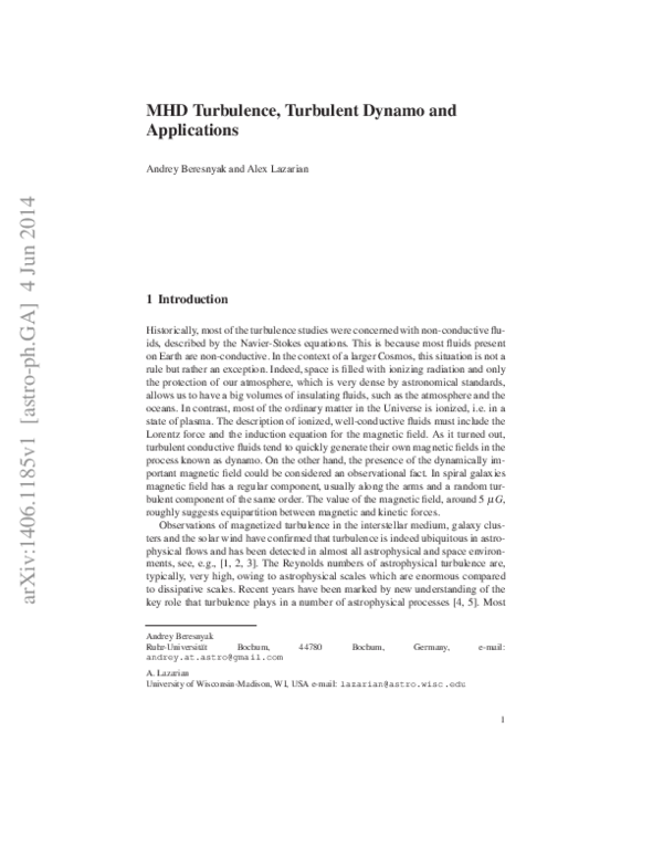 (PDF) MHD Turbulence, Turbulent Dynamo and Applications