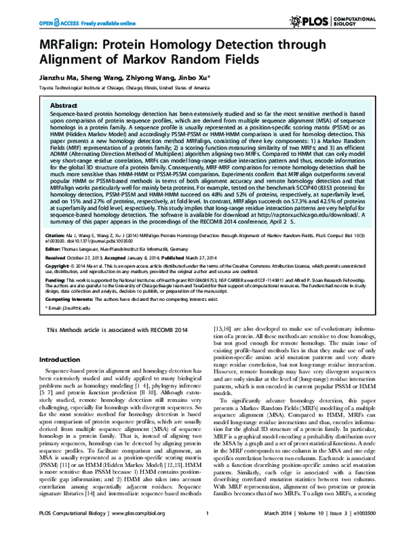 (PDF) MRFalign: Protein Homology Detection through Alignment of Markov Random Fields