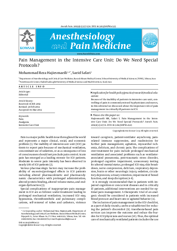 (PDF) Pain Management in the Intensive Care Unit: Do We Need Special ...