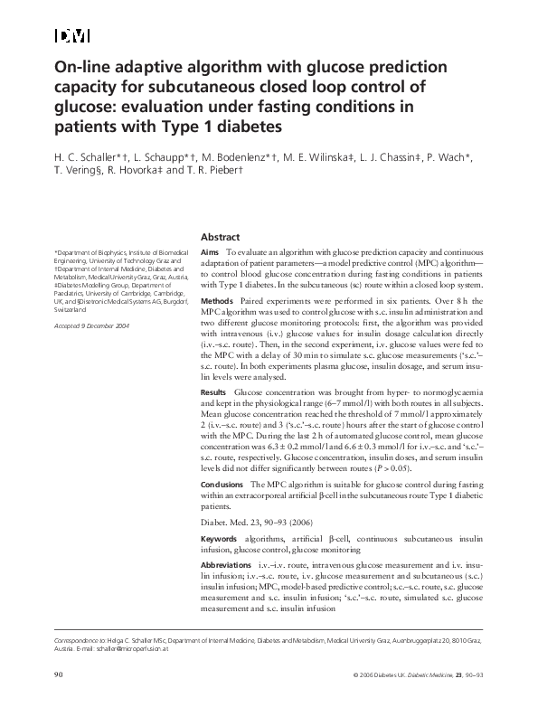 Pdf On Line Adaptive Algorithm With Glucose Prediction Capacity For Subcutaneous Closed Loop