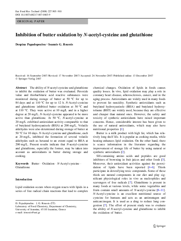 (PDF) Inhibition of butter oxidation by N-acetyl-cysteine and glutathione