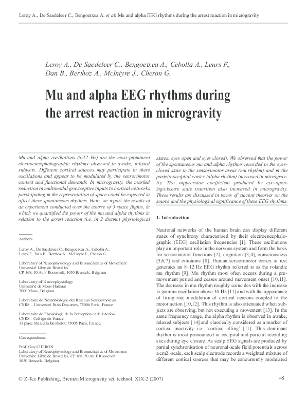(PDF) Mu and alpha EEG rhythms during the arrest reaction in microgravity