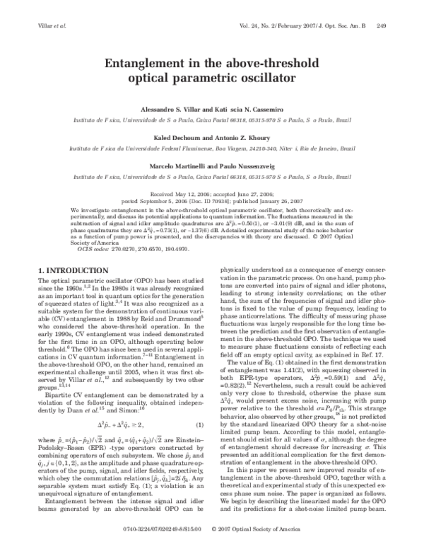 (PDF) Entanglement in the above-threshold optical parametric oscillator