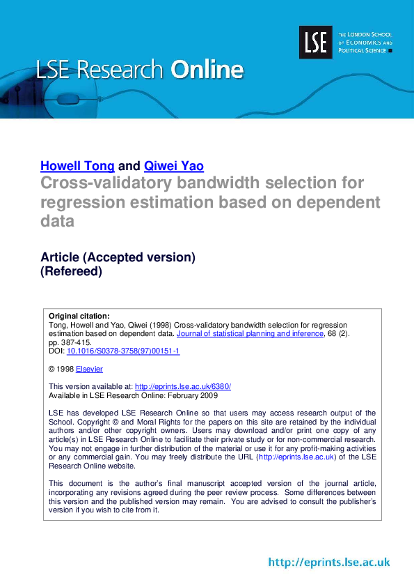 (PDF) Cross-validatory bandwidth selections for regression estimation based on dependent data