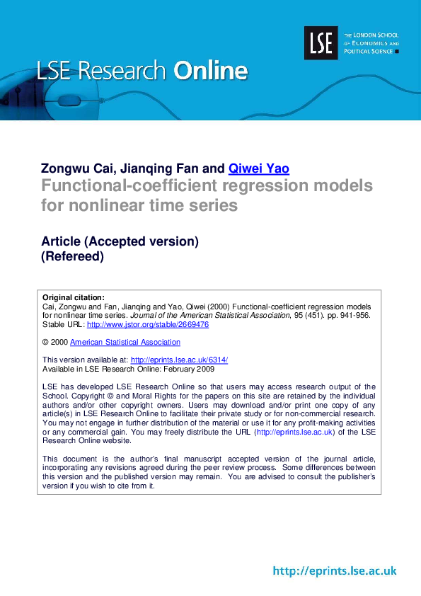 Pdf Functional Coefficient Regression Models For Nonlinear Time Series