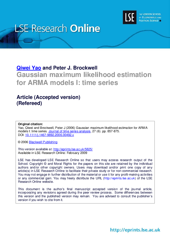 (PDF) Gaussian Maximum Likelihood Estimation For ARMA Models. I. Time Series