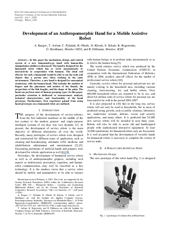 (PDF) Development of an Anthropomorphic Hand for a Mobile Assistive Robot