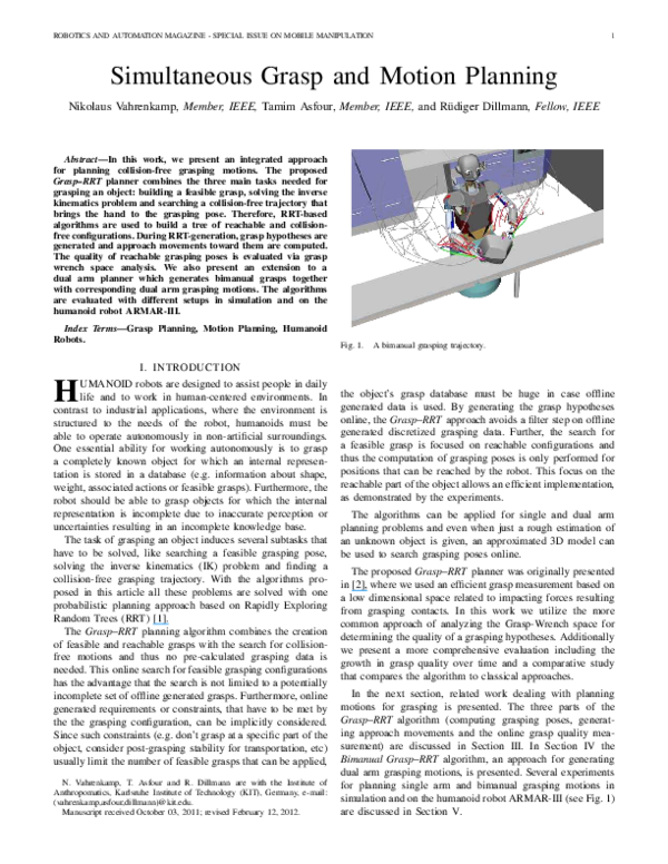 (PDF) Simultaneous Grasp and Motion Planning Humanoid Robot ARMAR-III