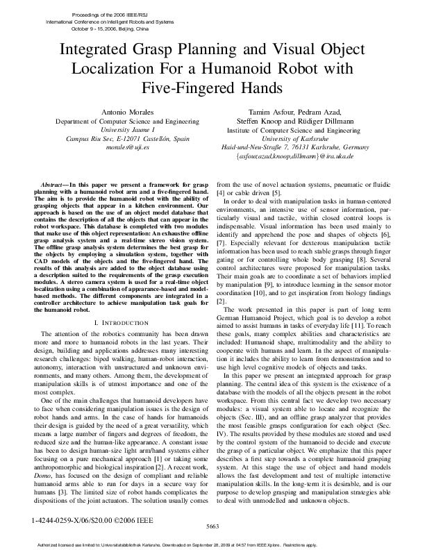 (PDF) Integrated grasp planning and visual object localization for a humanoid robot with five ...