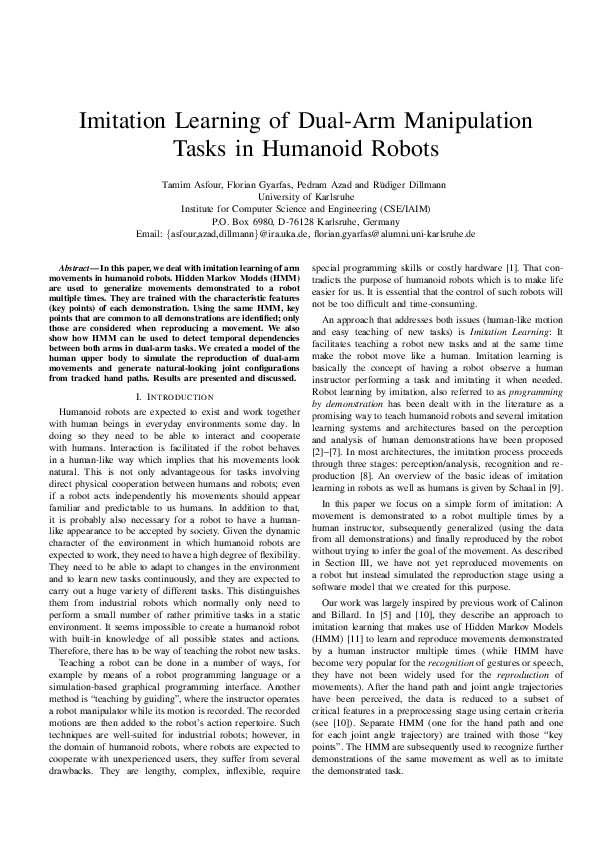 (PDF) IMITATION LEARNING OF DUAL-ARM MANIPULATION TASKS IN HUMANOID ROBOTS