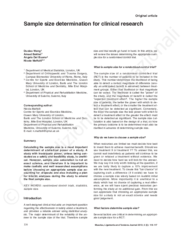 (PDF) Sample size determination for clinical research