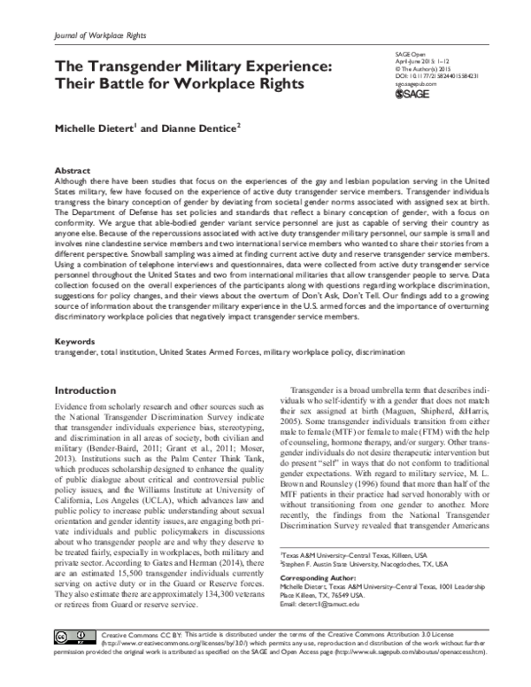 (PDF) The Transgender Military Experience: Their Battle for Workplace ...
