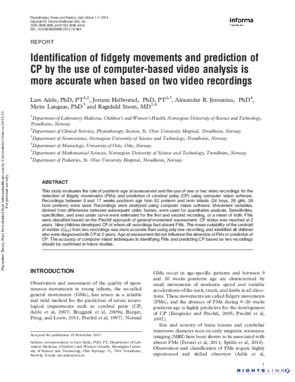 (PDF) Identification of fidgety movements and prediction of CP by the ...