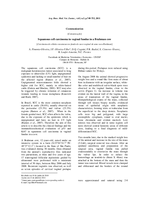 (PDF) Squamous cell carcinoma in vaginal fundus in a Brahman cow