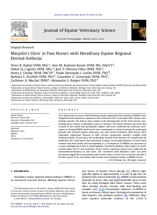 Marjolin’s Ulcer in Two Horses with Hereditary Equine Regional Dermal ...