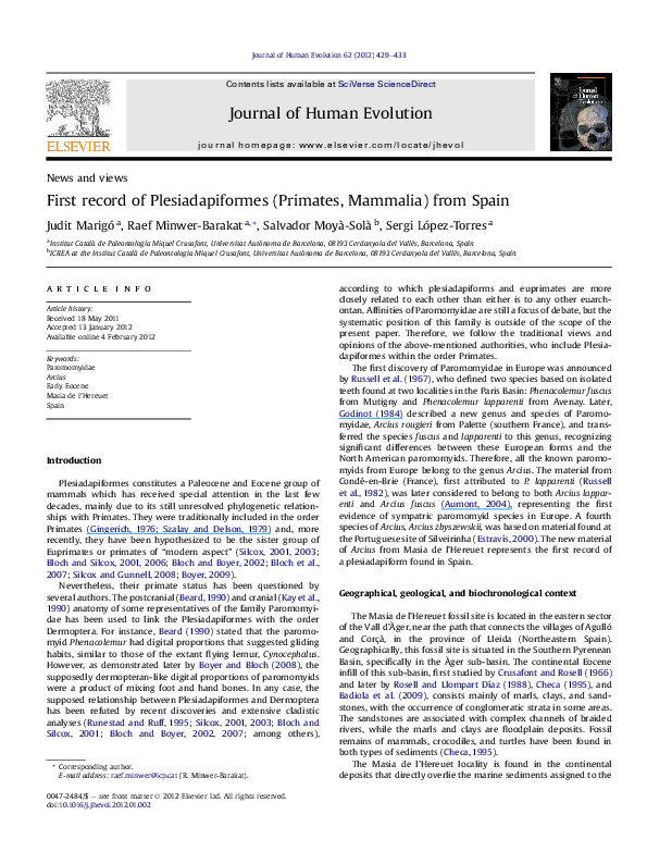 (PDF) First record of Plesiadapiformes (Primates, Mammalia) from Spain