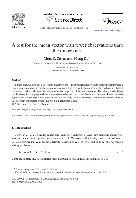 Pdf A Test For The Mean Vector With Fewer Observations Than The Dimension 