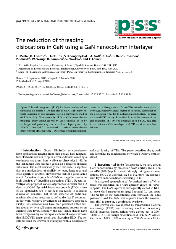(PDF) The reduction of threading dislocations in GaN using a GaN ...