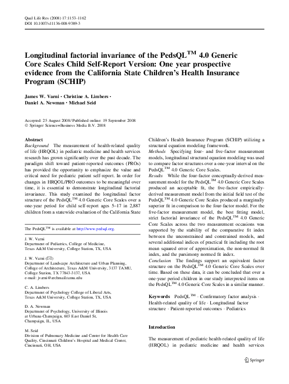 (PDF) Longitudinal factorial invariance of the PedsQL 4.0 Generic Core ...