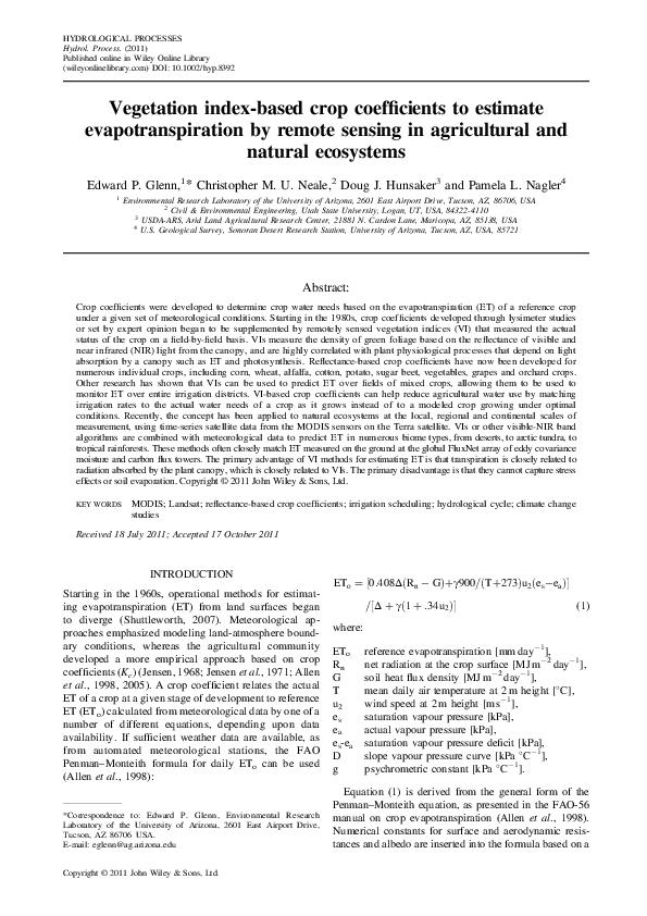 Pdf Vegetation Index Based Crop Coefficients To Estimate Evapotranspiration By Remote Sensing