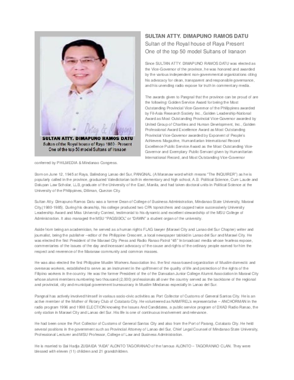 (DOC) SULTAN ATTY. DIMAPUNO RAMOS DATU Sultan of the Royal house of ...