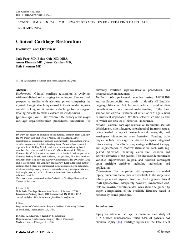 (PDF) Clinical Cartilage Restoration: Evolution and Overview
