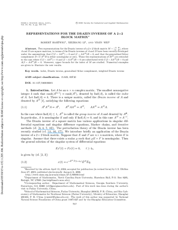 Pdf Representations For The Drazin Inverse Of A 2 X 2 Block Matrix