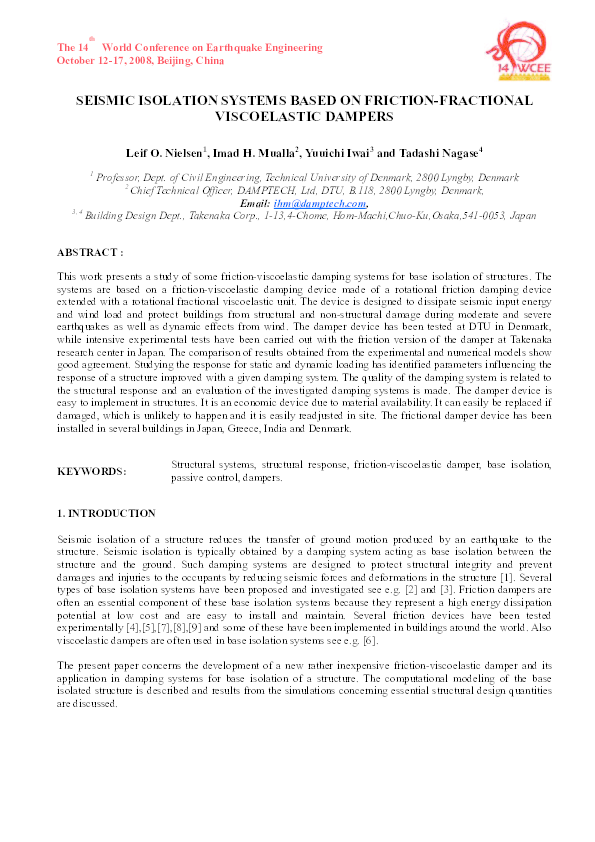 (PDF) Seismic Isolation Systems Based on Friction-Fractional Viscoelastic Dampers