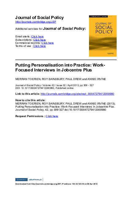 (PDF) Putting Personalisation into Practice: Work-Focused Interviews in ...