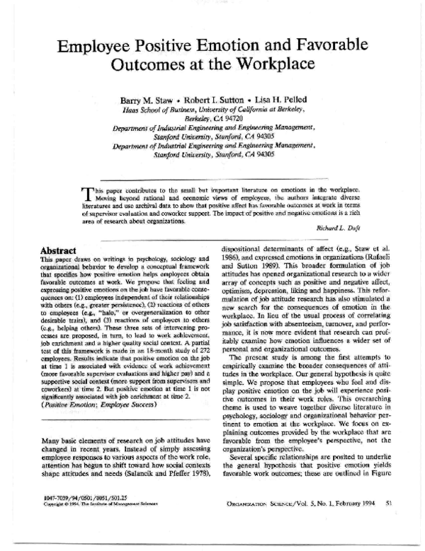 (PDF) Employee Positive Emotion and Favorable Outcomes at the Workplace