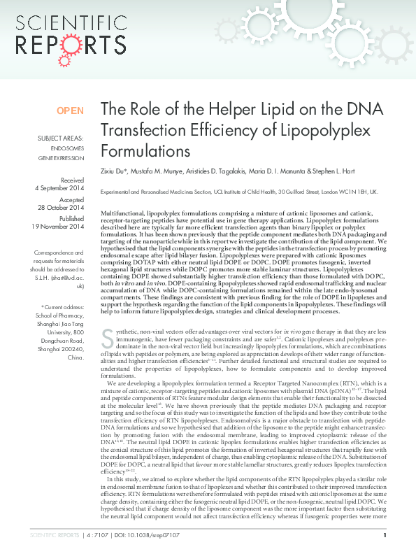 (PDF) The role of the helper lipid on the DNA transfection efficiency ...