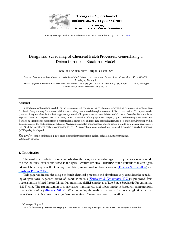 Pdf Design And Scheduling Of Chemical Batch Processes Generalizing A