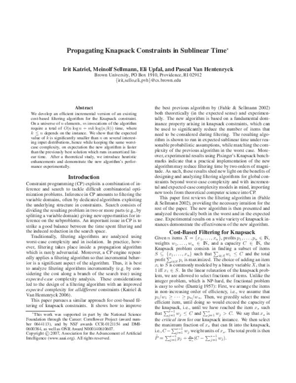 (PDF) Propagating Knapsack Constraints in Sublinear Time