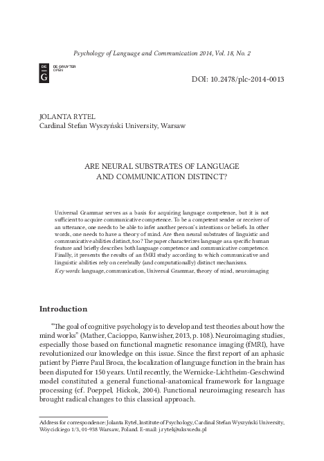 (PDF) Are neural substrates of language and communication distinct?