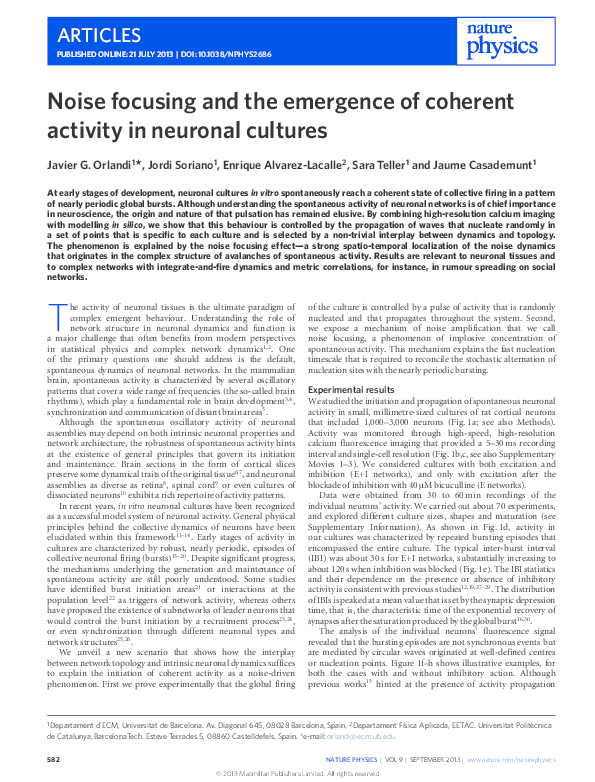 (PDF) The emergence of spontaneous activity in neuronal cultures, coherence from noise | Jaume ...