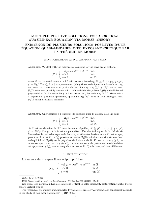 (PDF) Multiple positive solutions for a critical quasilinear equation via Morse theory