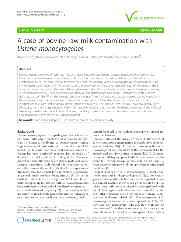 (PDF) A case of bovine raw milk contamination with Listeria monocytogenes