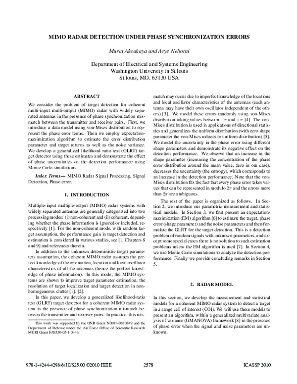 Pdf Mimo Radar Detection Under Phase Synchronization Errors