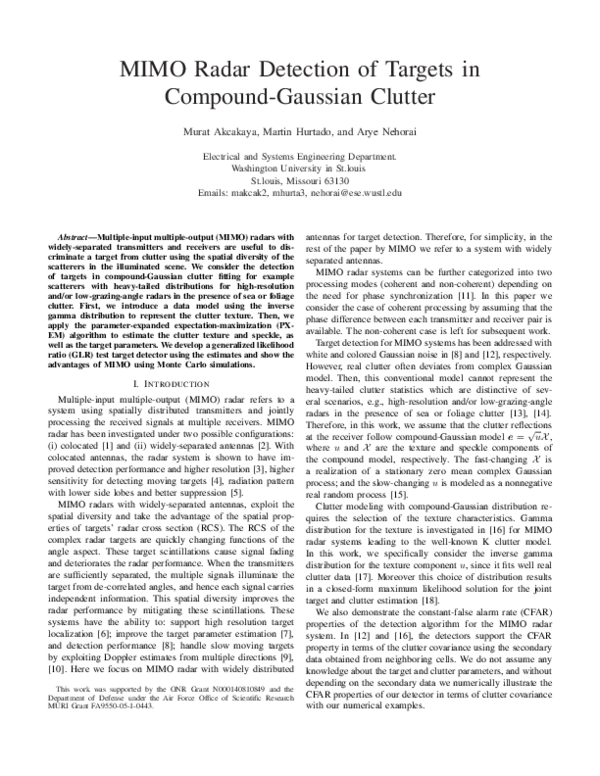 Pdf Mimo Radar Detection Of Targets In Compound Gaussian Clutter