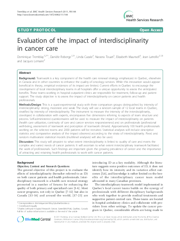 (PDF) Evaluation of the impact of interdisciplinarity in cancer care