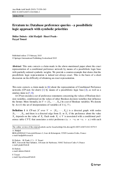 (PDF) Database Preferences Queries - A Possibilistic Logic Approach with Symbolic Priorities