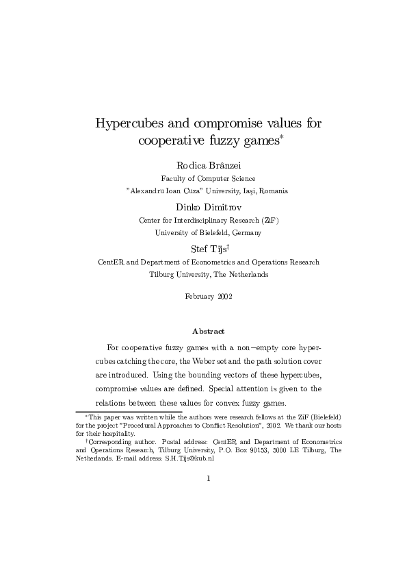 (PDF) Hypercubes and compromise values for cooperative fuzzy games | Rodica Brânzei - Academia.edu