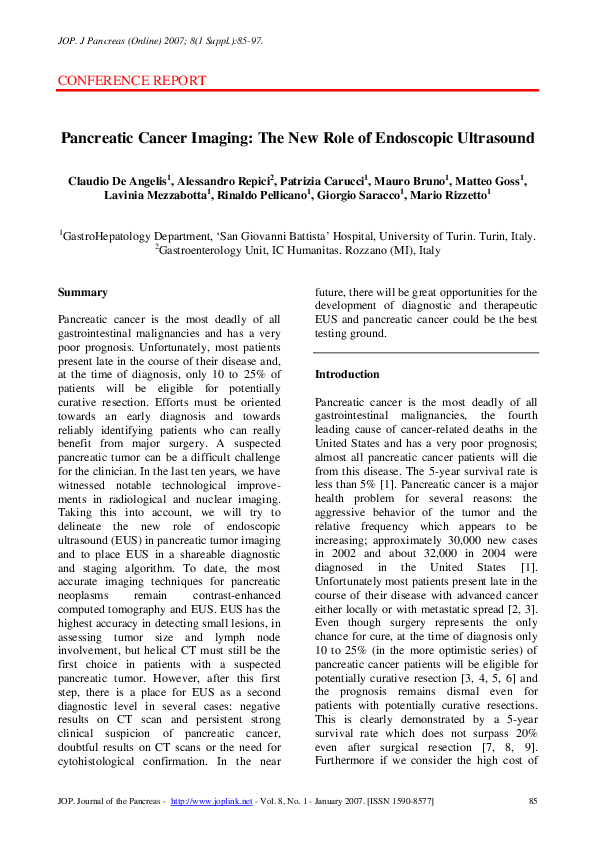 (PDF) Pancreatic cancer imaging: the new role of endoscopic ultrasound