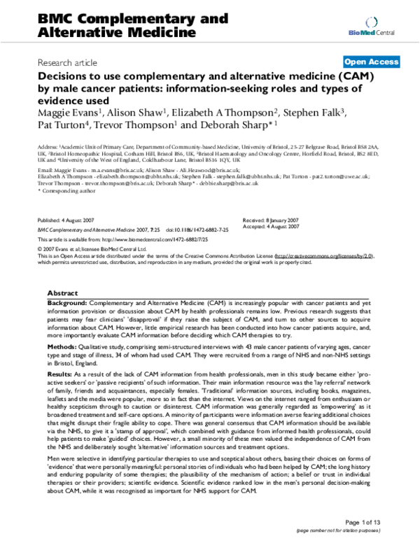 Decisions to use complementary and alternative medicine (CAM) by male cancer patients ...