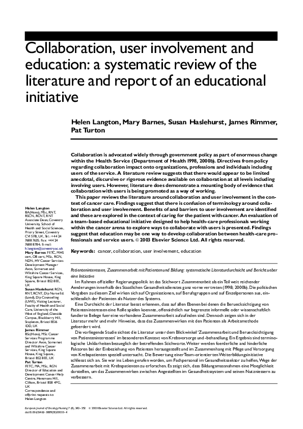 (PDF) Collaboration, user involvement and education: a systematic ...