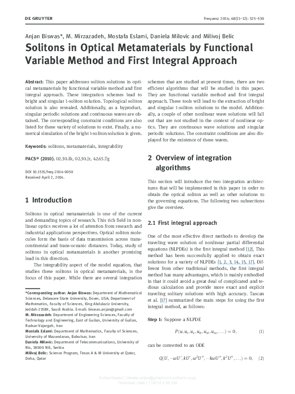 (PDF) Solitons in Optical Metamaterials by Functional Variable Method and First Integral Approach